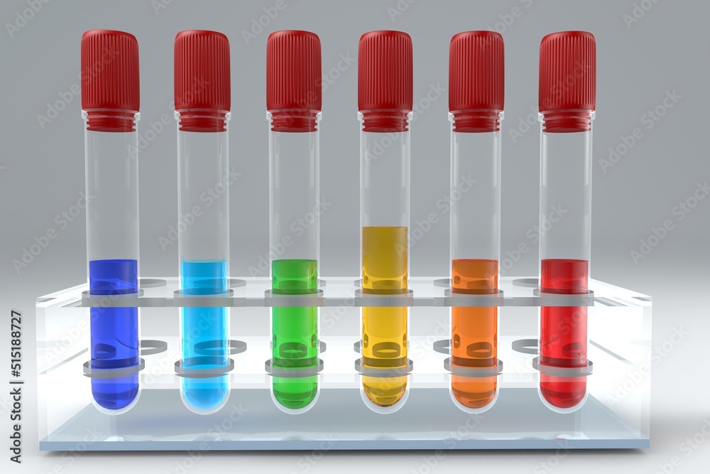 Test tube in rainbow color with blood devices in a stand. 3d ...