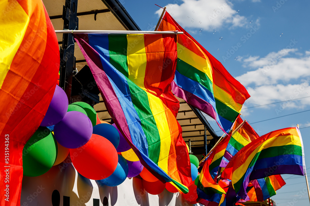 Many waving LGBT gay pride flags at a solidarity march. Stock Photo ...