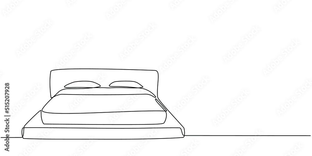 Continuous line drawing of double bed with table and houseplants ...