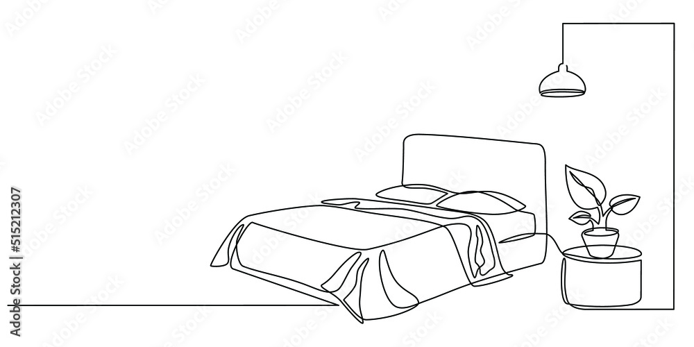 Continuous line drawing of double bed with chandelier and table. Modern ...