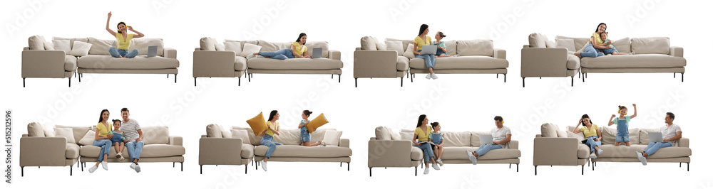 Collage with photos of people sitting on stylish sofas against white ...