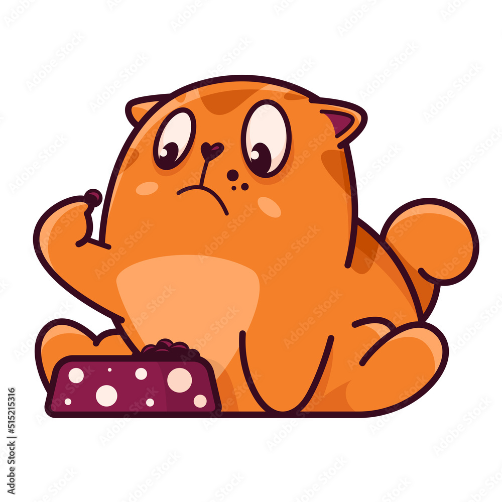 Cute red cat looks into a bowl of food. Shows emotions, where is the ...
