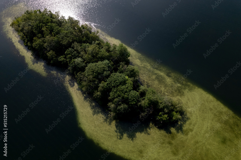 Slanted image showing vibrant green tree island top down aerial view in ...