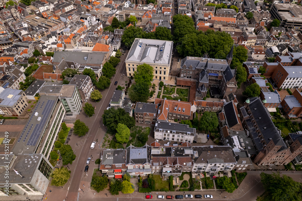 Top down aerial of city centre in Utrecht with small patio Maria plein revealingwider urban ...