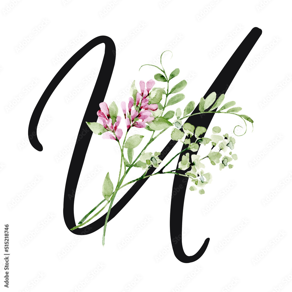 Floral alphabet, letter U with watercolor flowers and leaf. Monogram ...