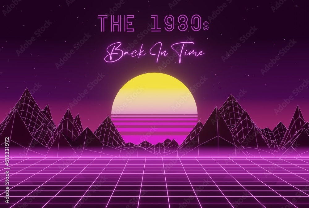 Retro Synthwave background with Sun and Mountains with THE 1980s text ...