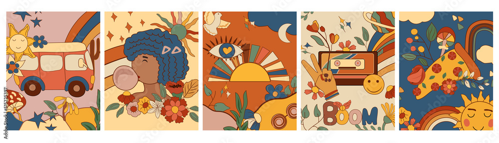 70s groovy posters with retro bus, groovy sun, colorful rainbow, girl ...