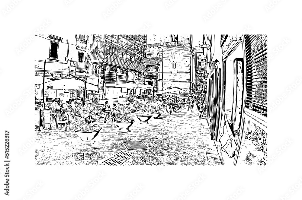Building view with landmark of Naples is the city in Italy. Hand drawn ...