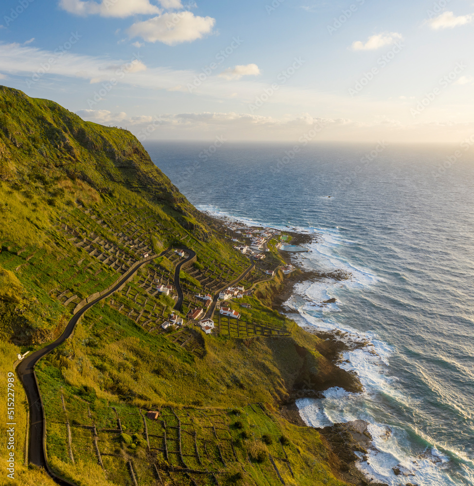Aerial View of terrace fields on the slopes of the cliff overlooking ...