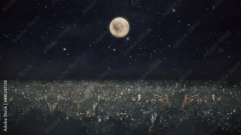 Full Moon Over City Skyline Aerial View Cloudy Sky Zoom In. Aerial view ...