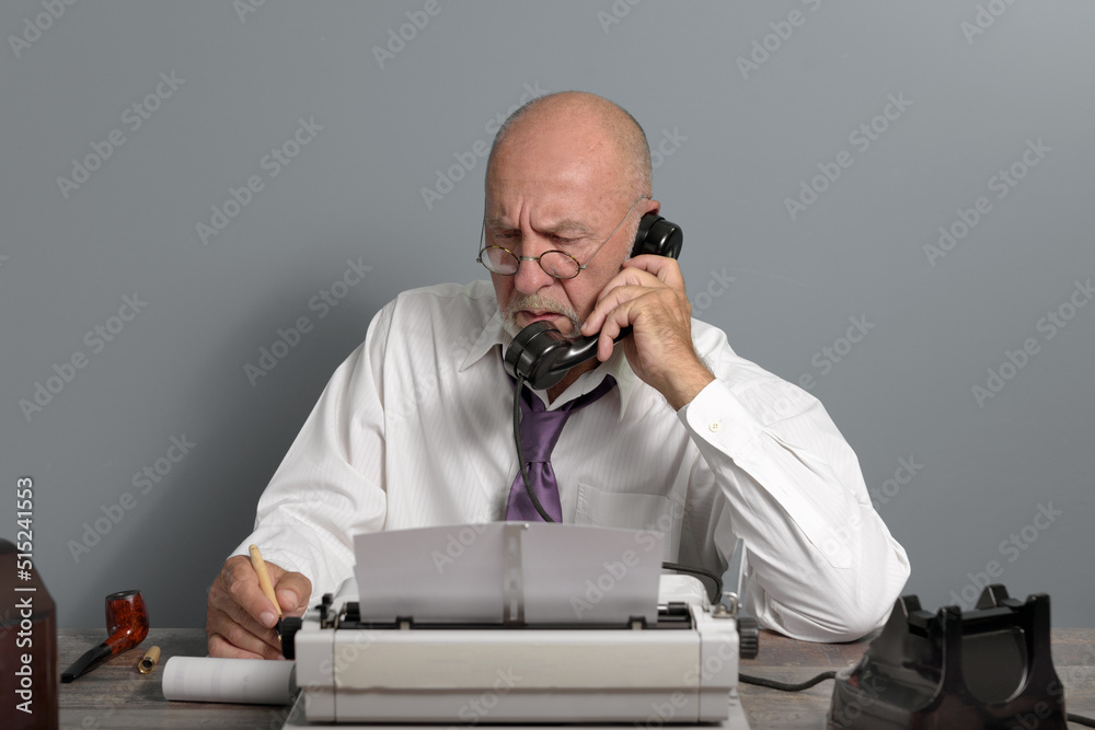 Vintage Journalist at work. Desk with telephone and typewriter. Writer ...