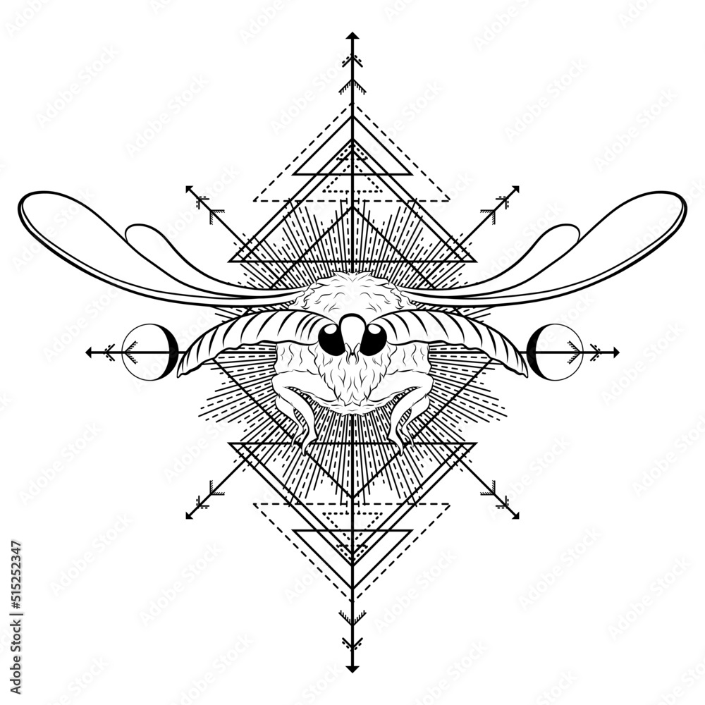 Mystical magic night moth with sacred geometry. Hand drawn vector black ...