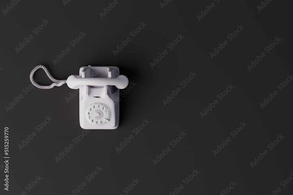 Top view of white retro telephone with dial of numbers. Concept of ...