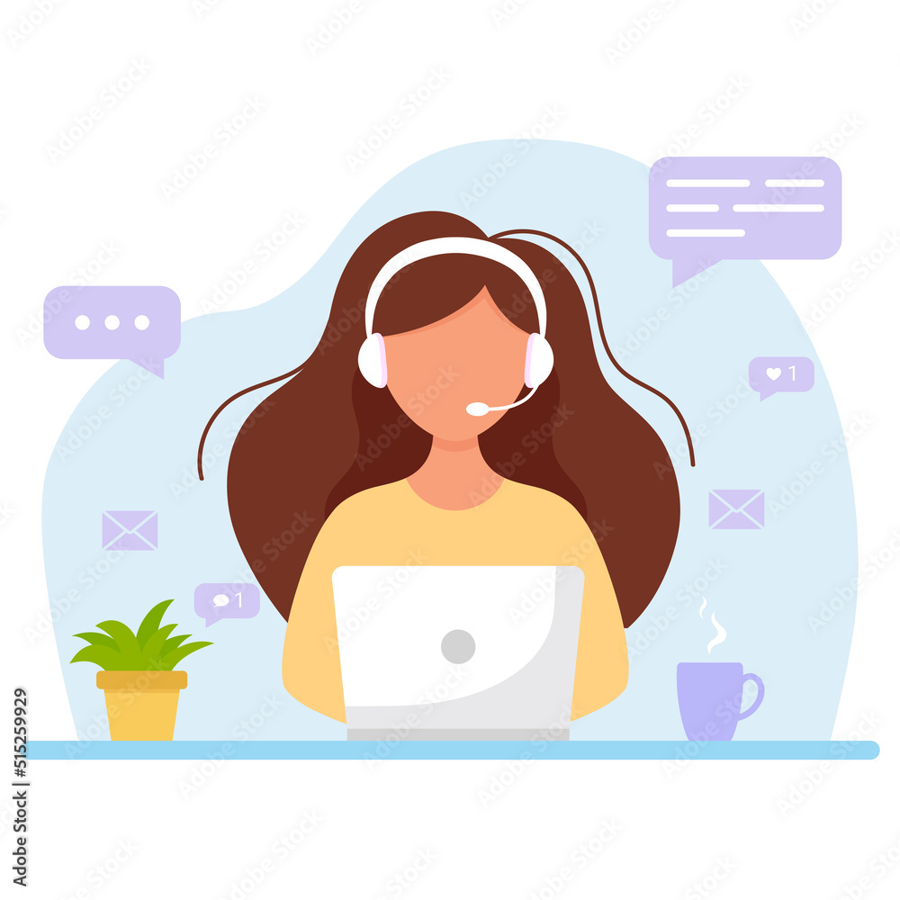 Woman with headphones and microphone with computer. Contact us ...
