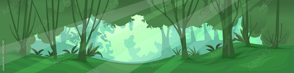 Deep forest landscape. Cartoon nature landscape with trees, green grass ...
