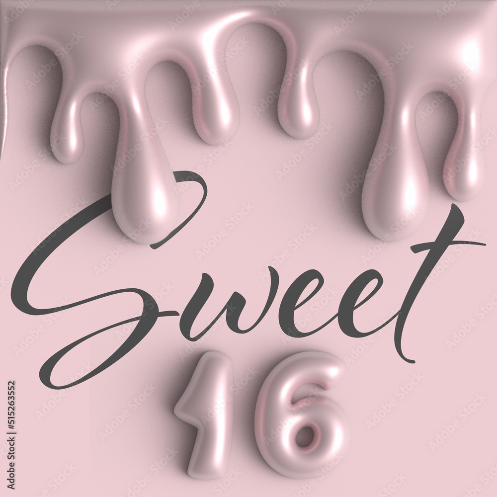 Invitation card design for Sweet 16 party celebration. Banner with pink ...