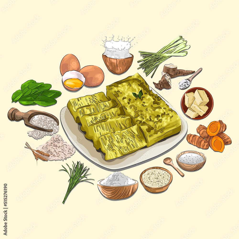 Bika Ambon And Ingredients Illustration, Sketch And Vector Style ...