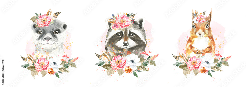Watercolor woodland boho animal set of forest isolated cute racoon ...