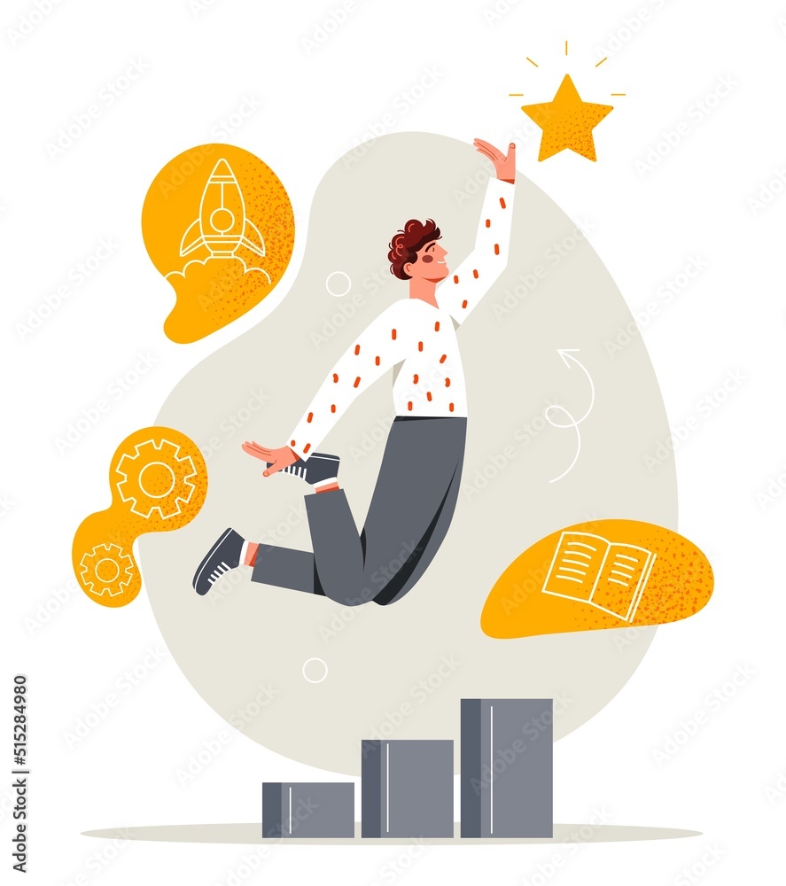 Reach success concept. Man jumps up to star against background of ...