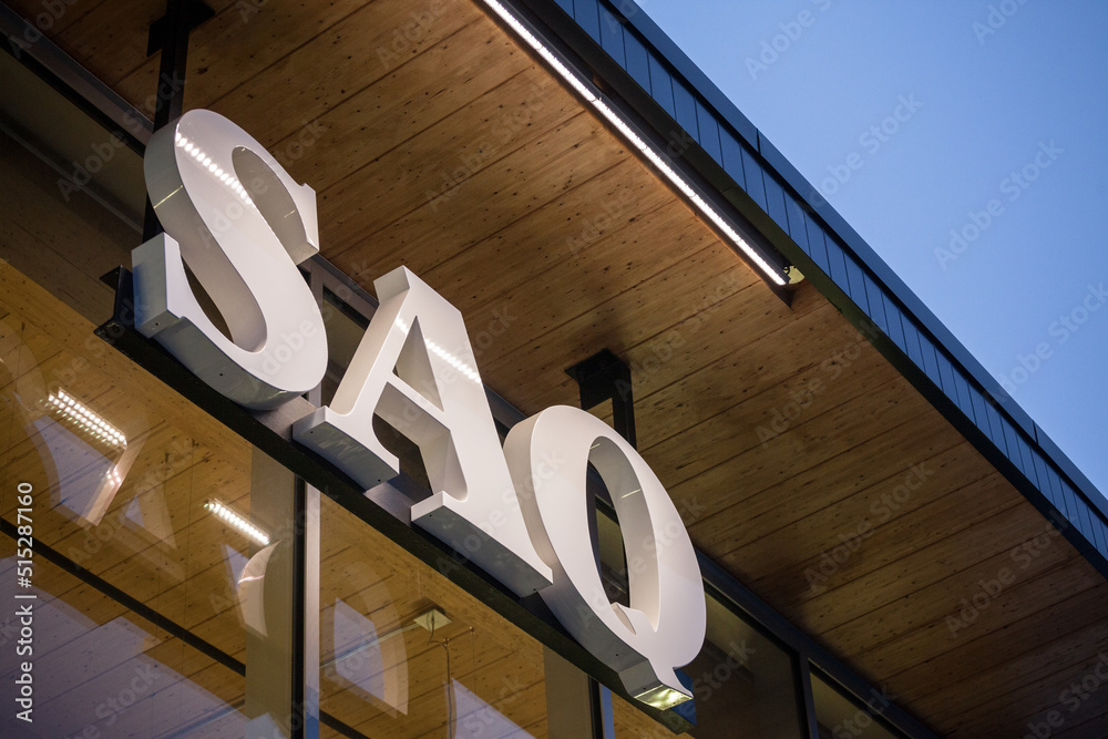 MONTREAL, CANADA - NOVEMBER 9, 2018: SAQ logo on their main shop for ...