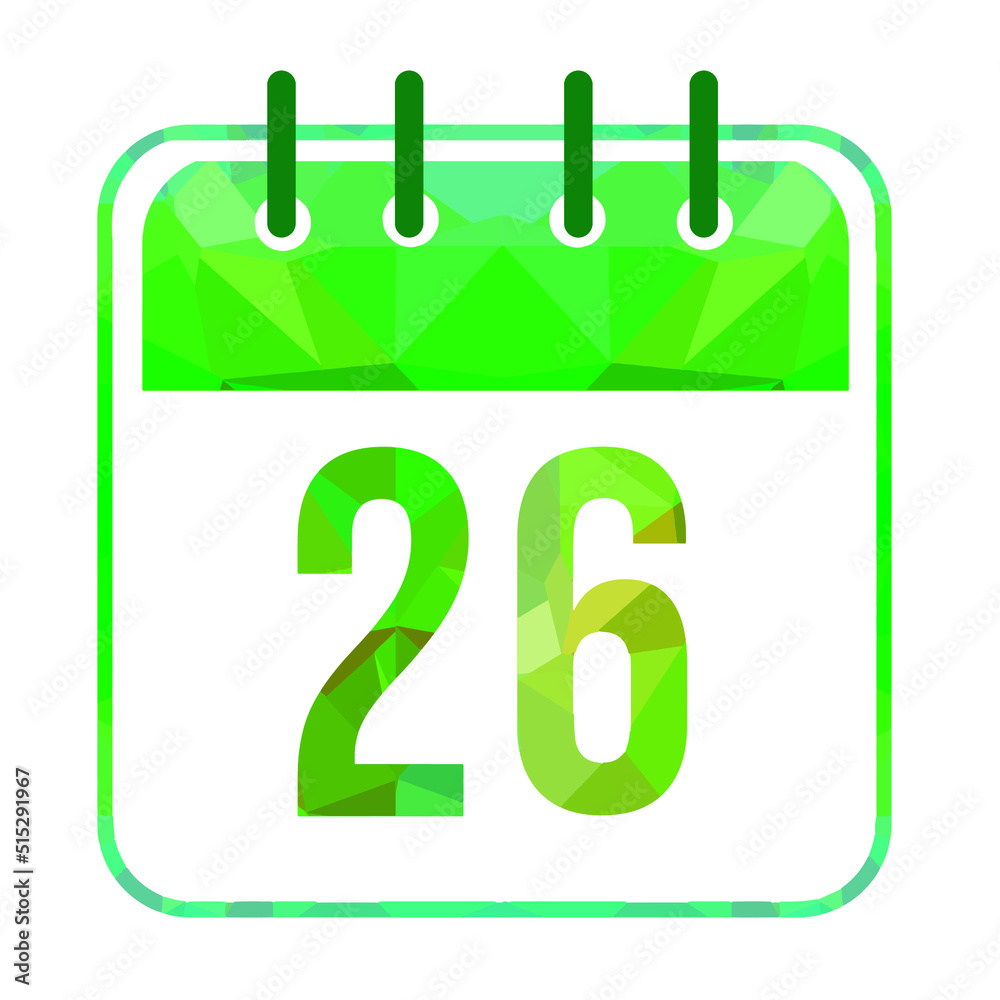 Calendar day 26. Number twenty six on a white paper with modern green ...