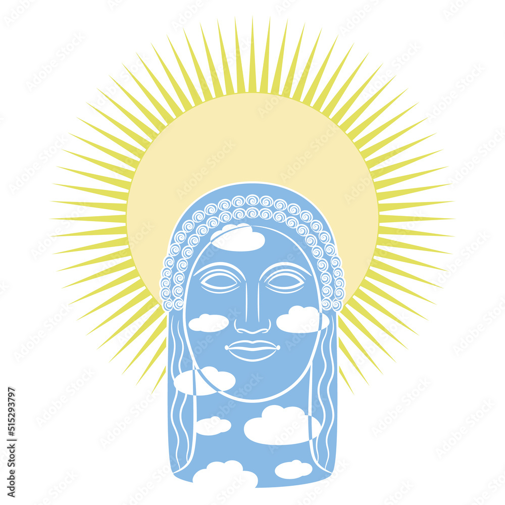 Antique female head as cloudy day sky with shining sun as her nimbus ...
