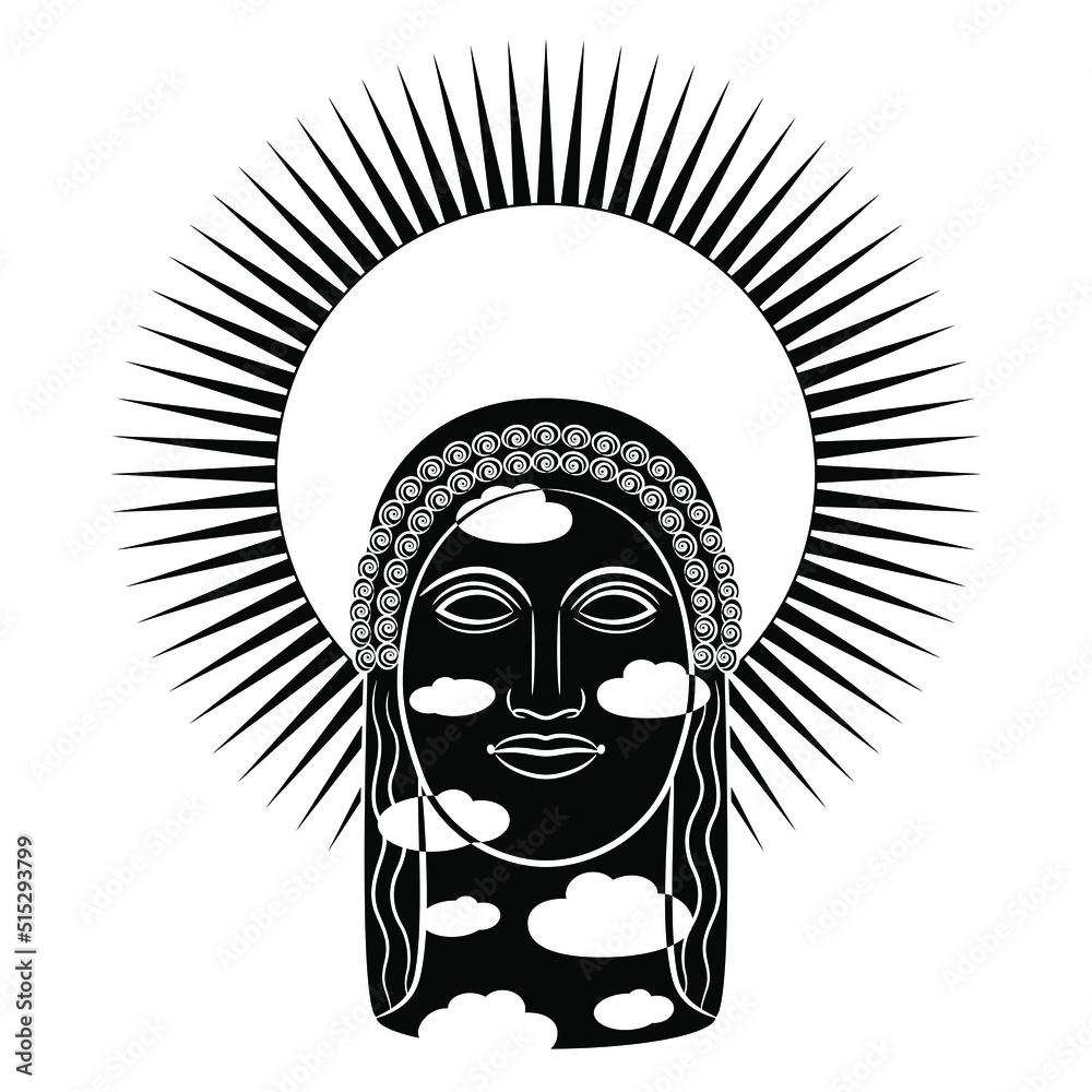Antique female head as cloudy day sky with shining sun as her nimbus ...