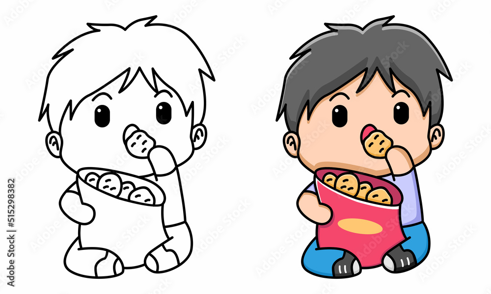 Cute boy eating snack coloring page for kids Stock Vector | Adobe Stock
