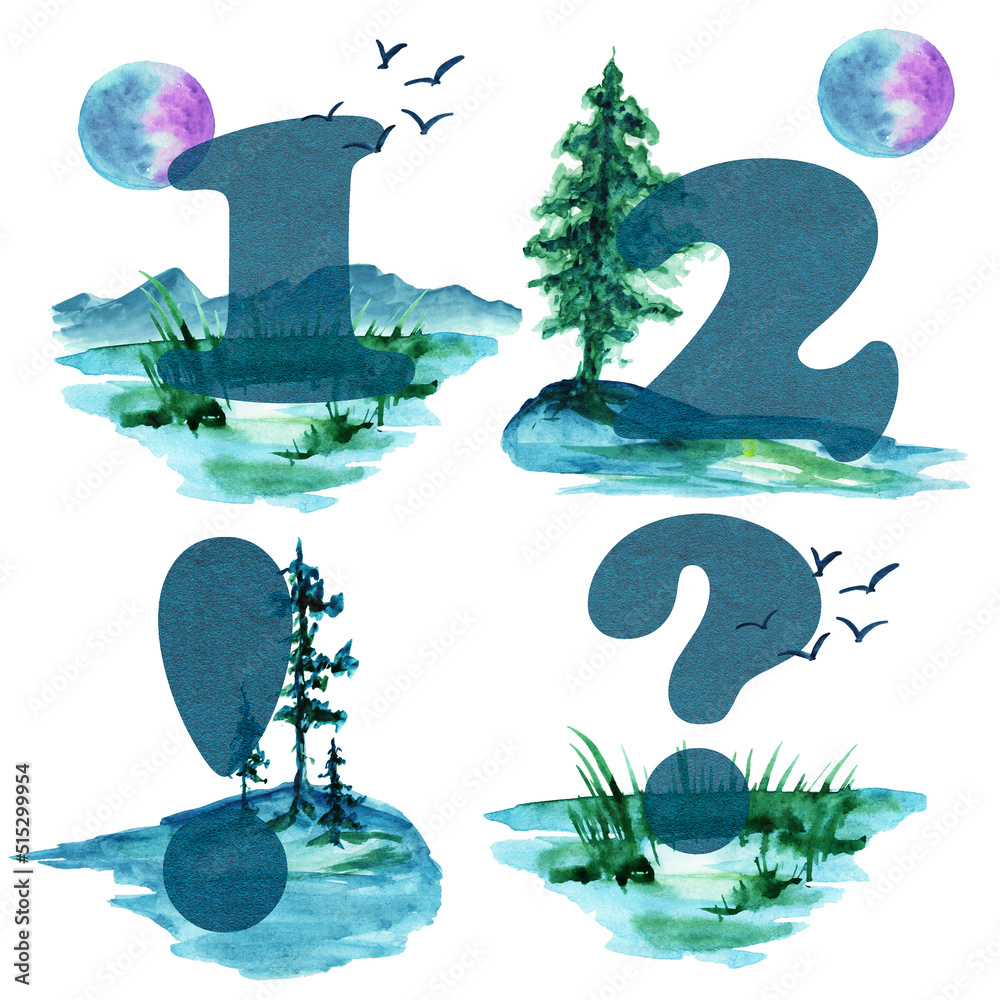 Watercolor set of numbers on emerald green background of nature, forest ...