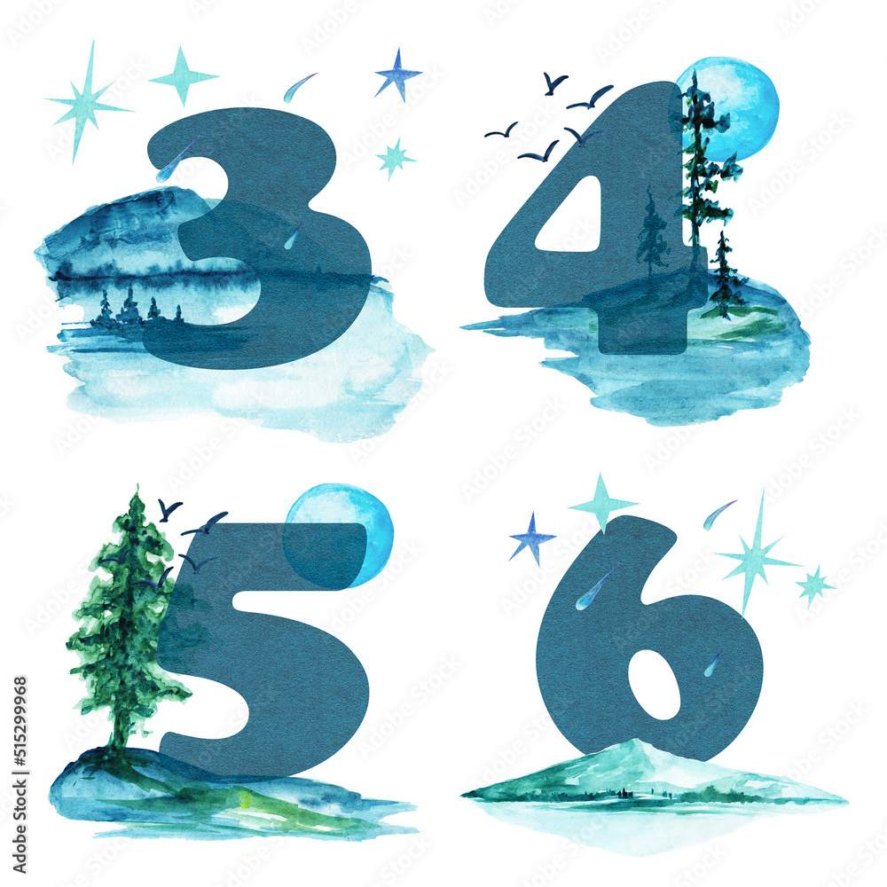 Watercolor set of numbers on emerald green background of nature, forest ...