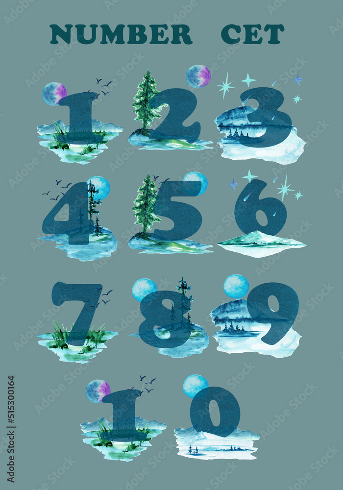 Watercolor set of numbers on emerald green background of nature, forest ...