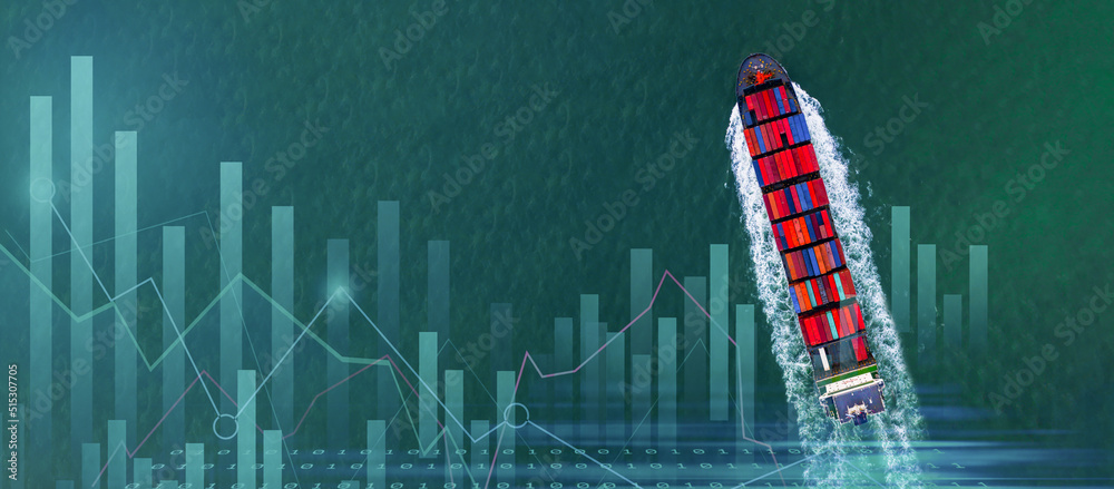 Aerial view container ship with business graph analysis, Global ...