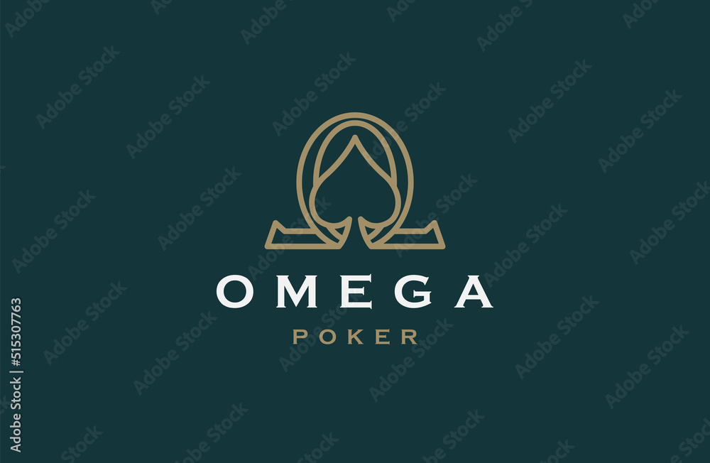 Omega symbol with poker spade shape logo icon design template flat ...
