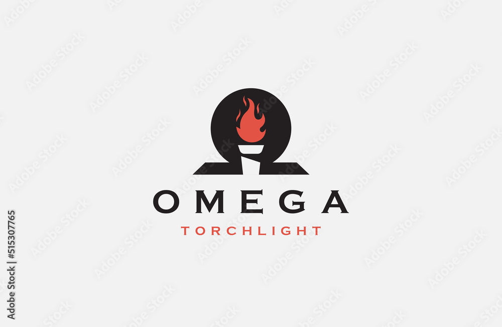 Omega symbol with torch shape logo icon design template flat vector ...
