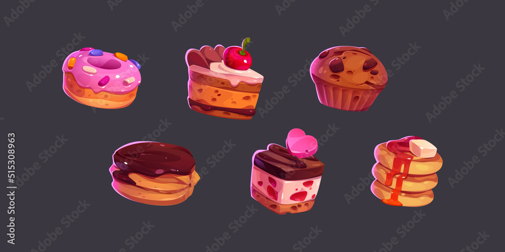 Game icons cakes, sweets and desserts. Cartoon 2d ui graphic elements ...