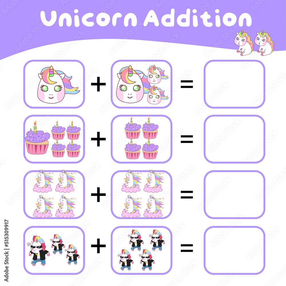 Vetor de Math worksheet with unicorn theme. Learning how to counting ...