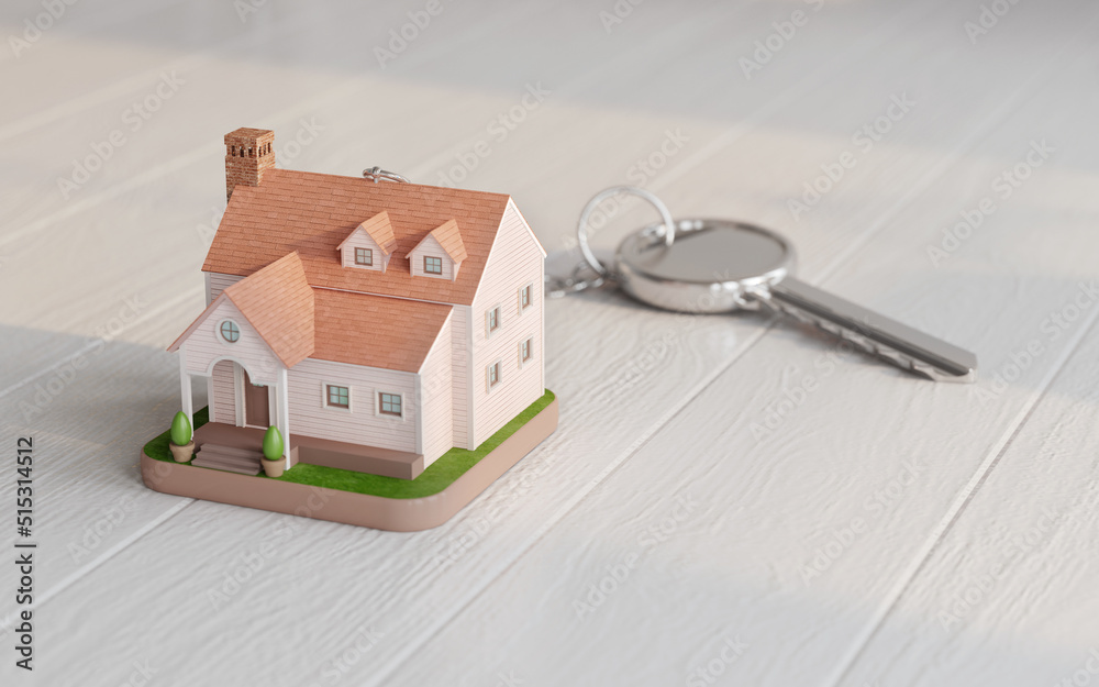 House key and house model on wooden floor.Concept for real estate ...