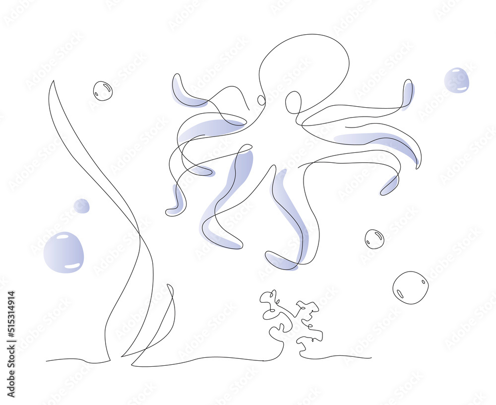 One line octopus illustration. Sea life line art vector. Cute fish ...