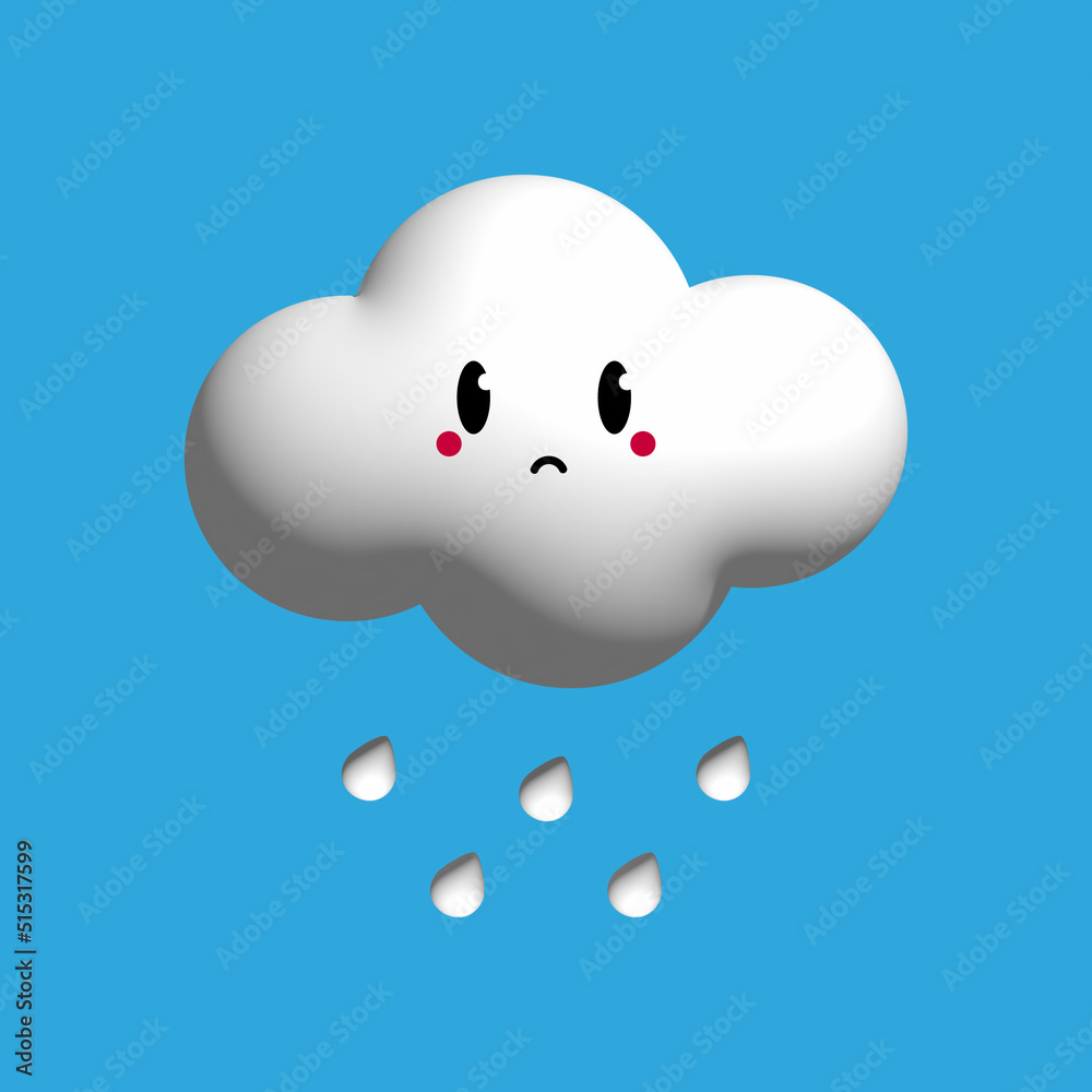 Cartoon style 3D rendering sad white cloud character with rain drops ...