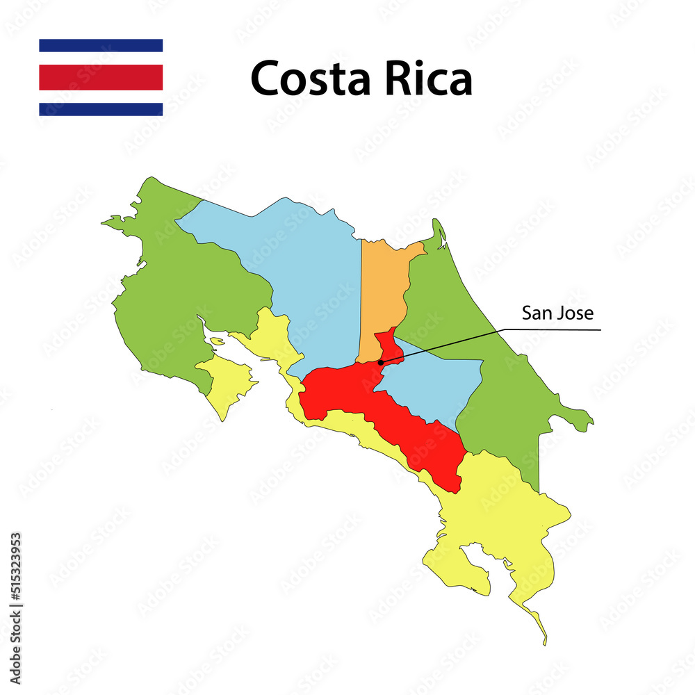 Map with borders and flag of Costa Rica. Stock Illustration | Adobe Stock