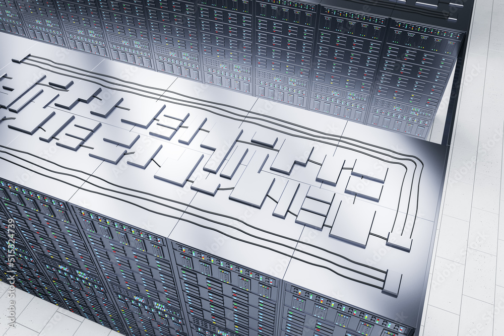 Abstract server room interior wallpaper with racks. Cloud computing and ...