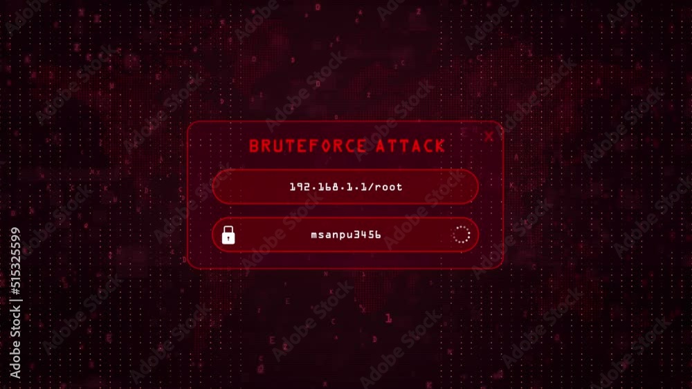 Bruteforce Computer Hacking attack over red binary background with digital world map. Brute ...