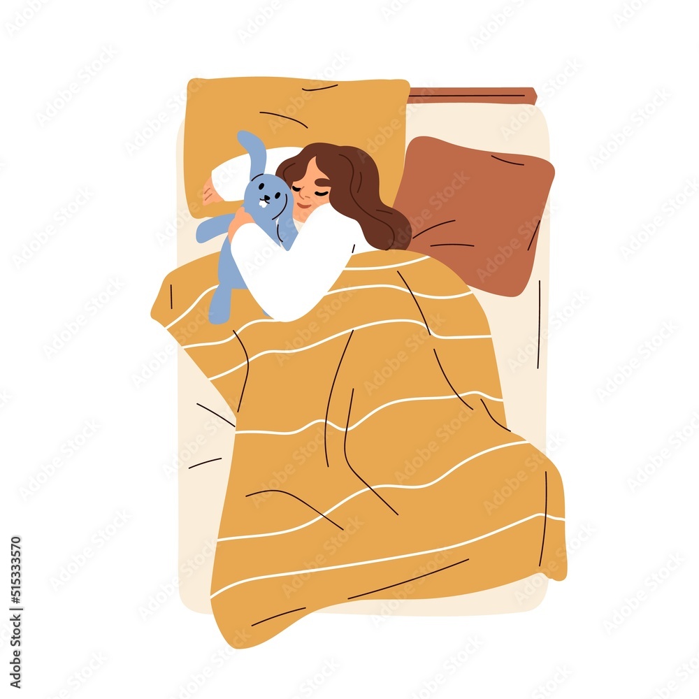 Child sleeping, hugging plush stuffed toy. Sleepy kid lying in bed ...