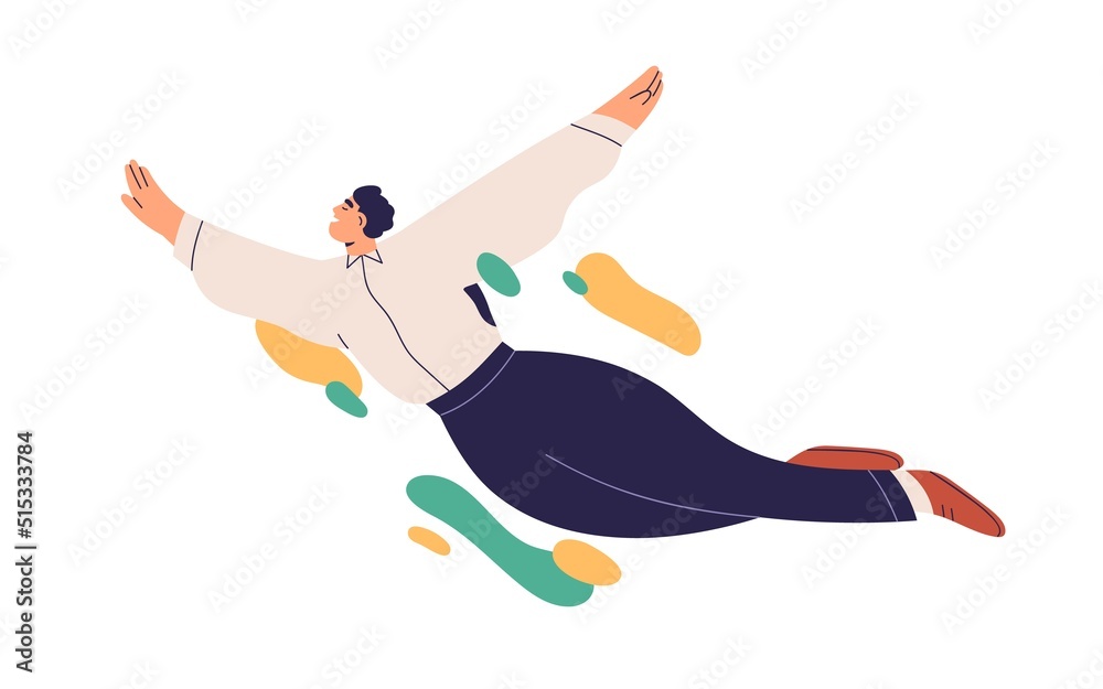 Happy man flying, floating in air. Free flight of carefree employee in ...