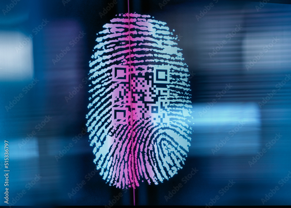 Finger print with QR code being scanned Stock Photo | Adobe Stock