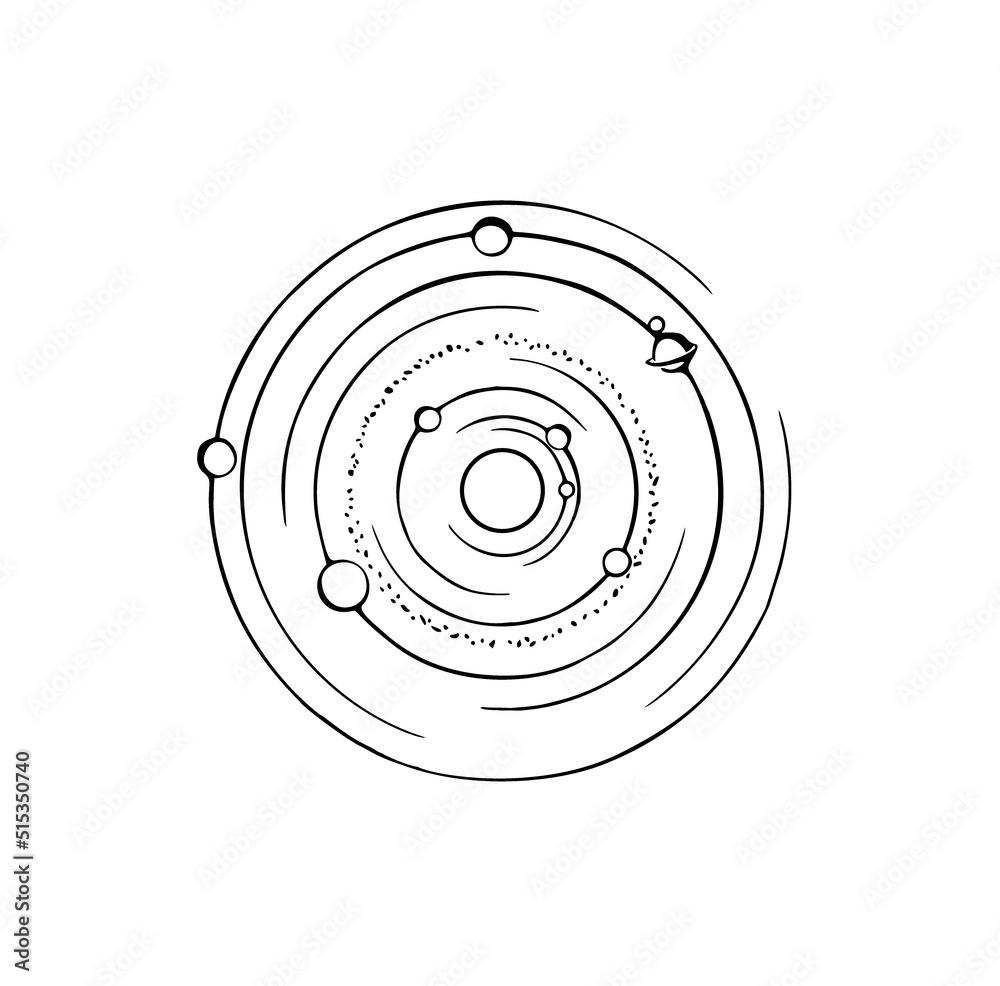 Hand drawn black and white vector ink illustration of solar system ...