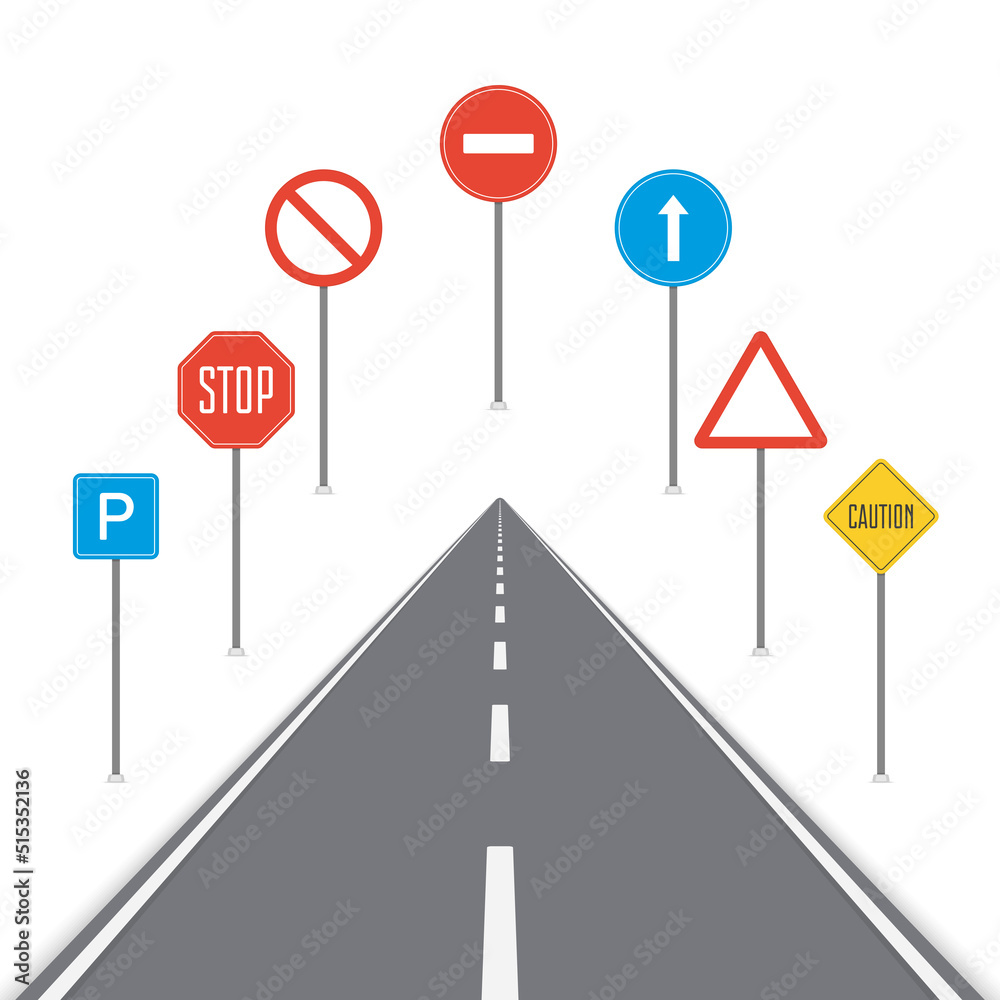 Set of road signs and road isolated on white background. Street symbols ...