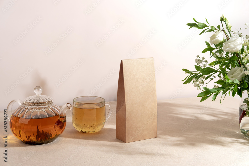 Tea branding and packaging mockup. Blank tea packaging mockup with tea ...