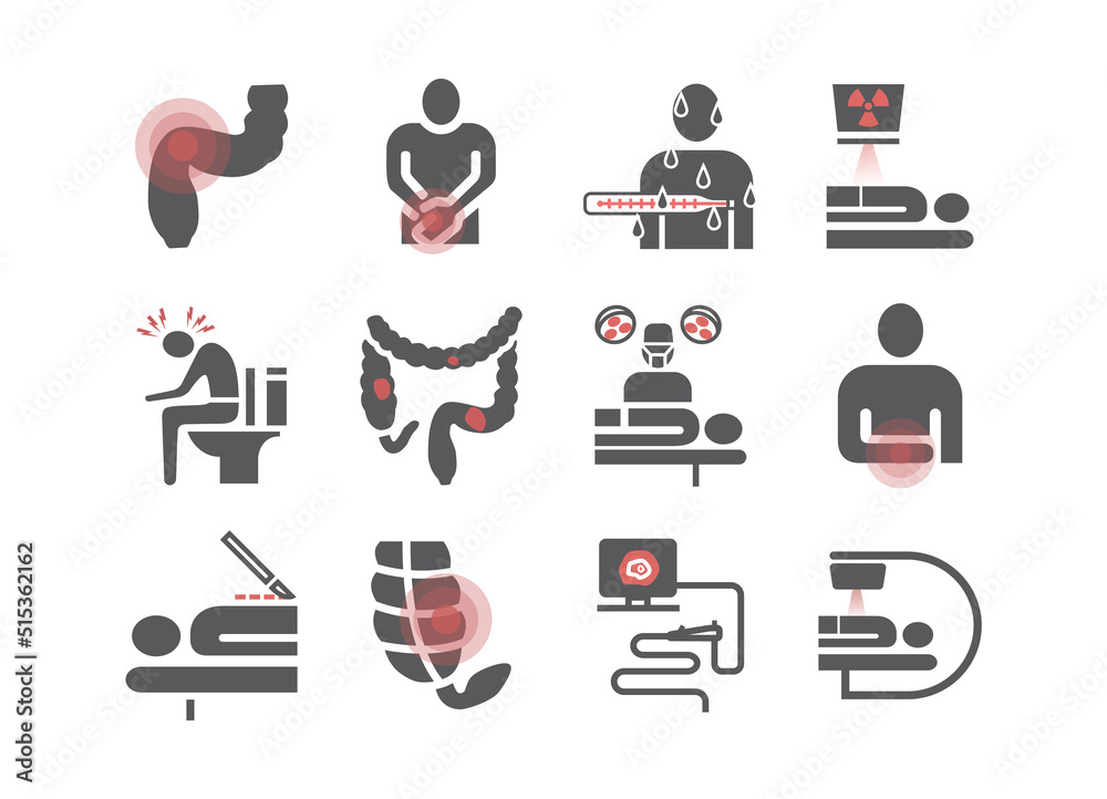Colorectal Cancer Symptoms Diagnostics Line Icons Set Vector Signs