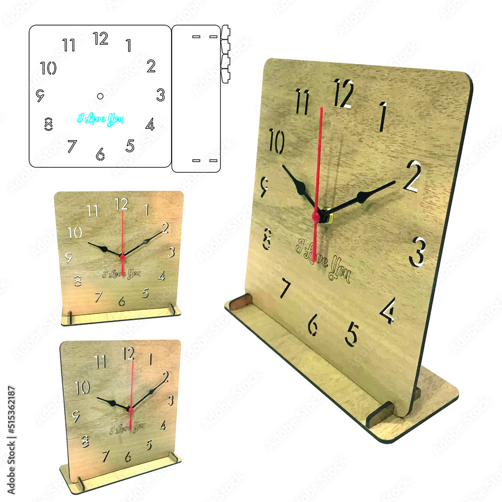 Vetor de Wooden Desk Clock Office Product Co-Worker Gift 3mm Digital ...